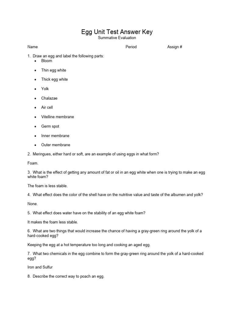 Egg Unit Test Answer Key | PDF | Egg White | Yolk