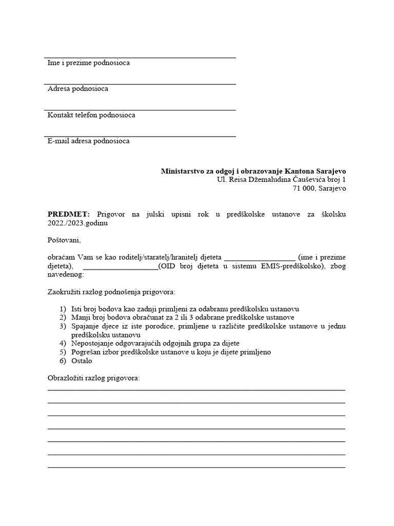 Obrazac Prigovor 0 | PDF