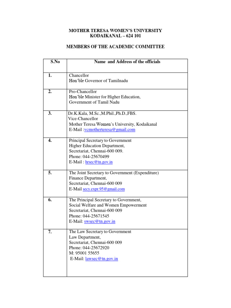 Academic Committee Members List - MTWU | PDF