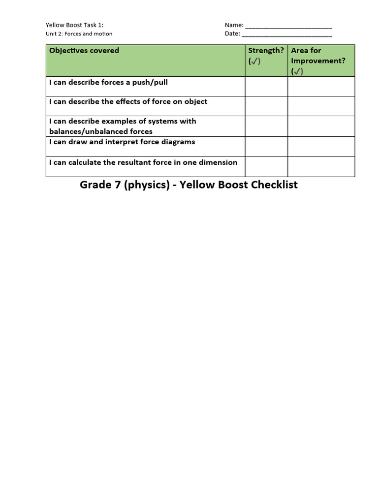 Yellow Boost PMT Checklist G7 Physics - Unit 2 Forces and Motion | PDF