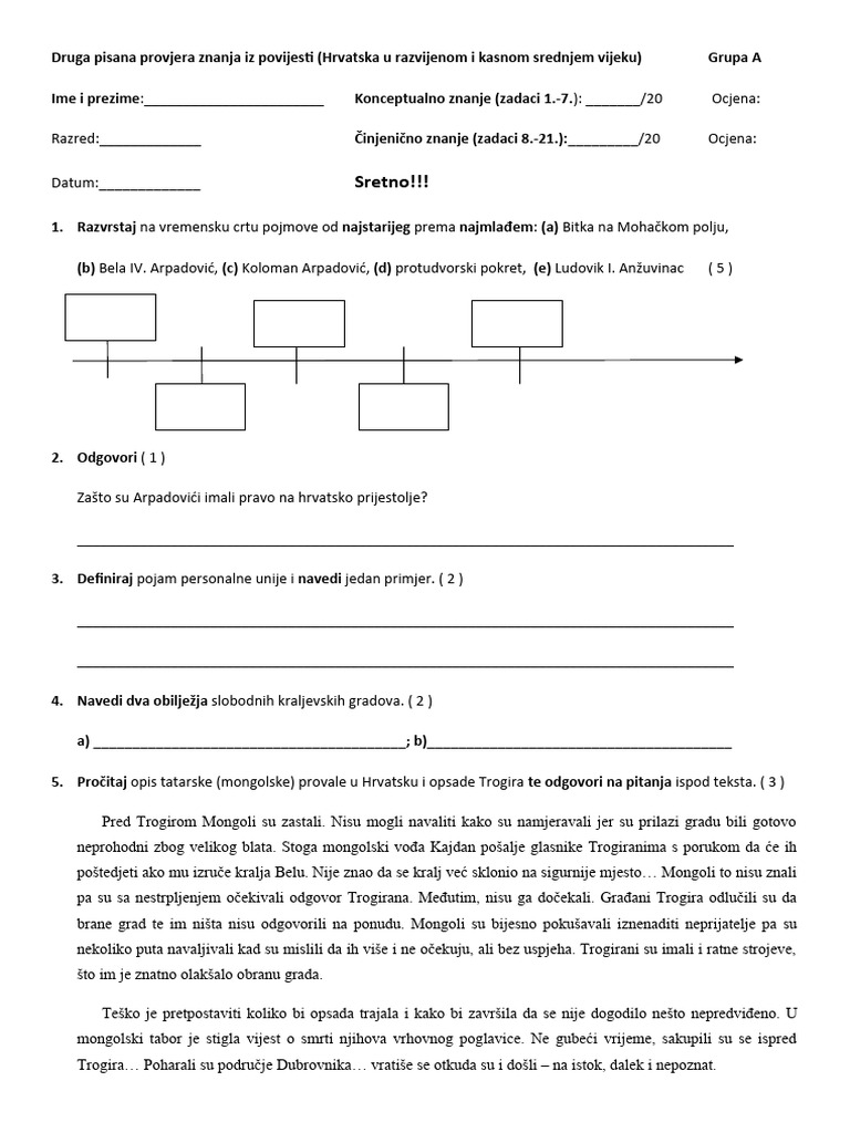 Druga Pisana Provjera Znanja Iz Povijesti - Hrvatska U Razvijenom I ...