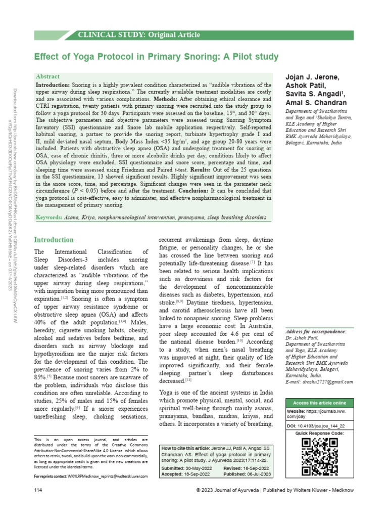 Yoga for Primary Snoring Relief Study | PDF | Snoring | Human Diseases ...