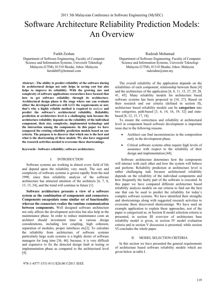Software Architecture Reliability Prediction Models An Overview | PDF | Reliability Engineering ...