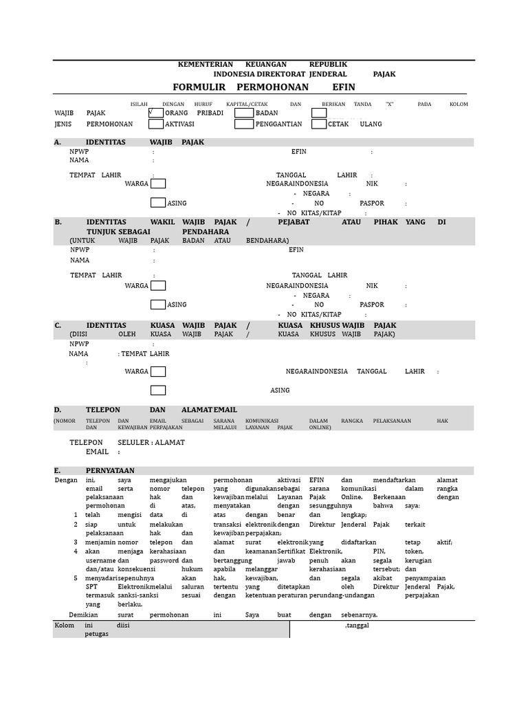 Permohonan Aktivasi EFIN Pajak Online | PDF
