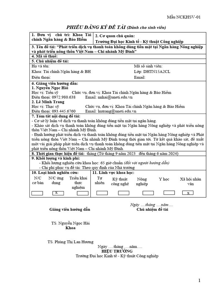 1.SV Mẫu NCKH SV -01- Phiếu đăng ký và thuyết minh đề tai SV | PDF