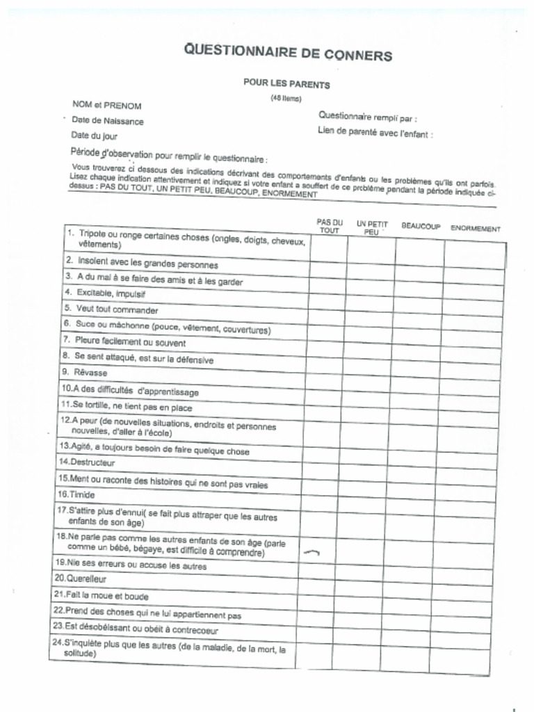 Questionnaire de Conners Parents | PDF