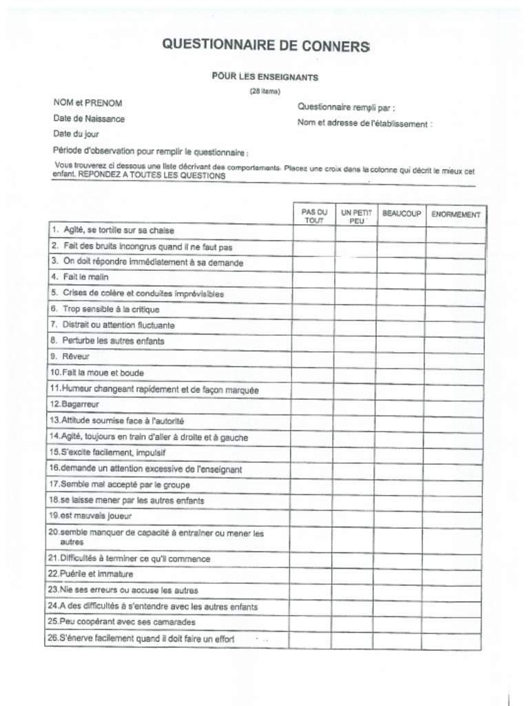 Questionnaire de Conners Enseignants | PDF
