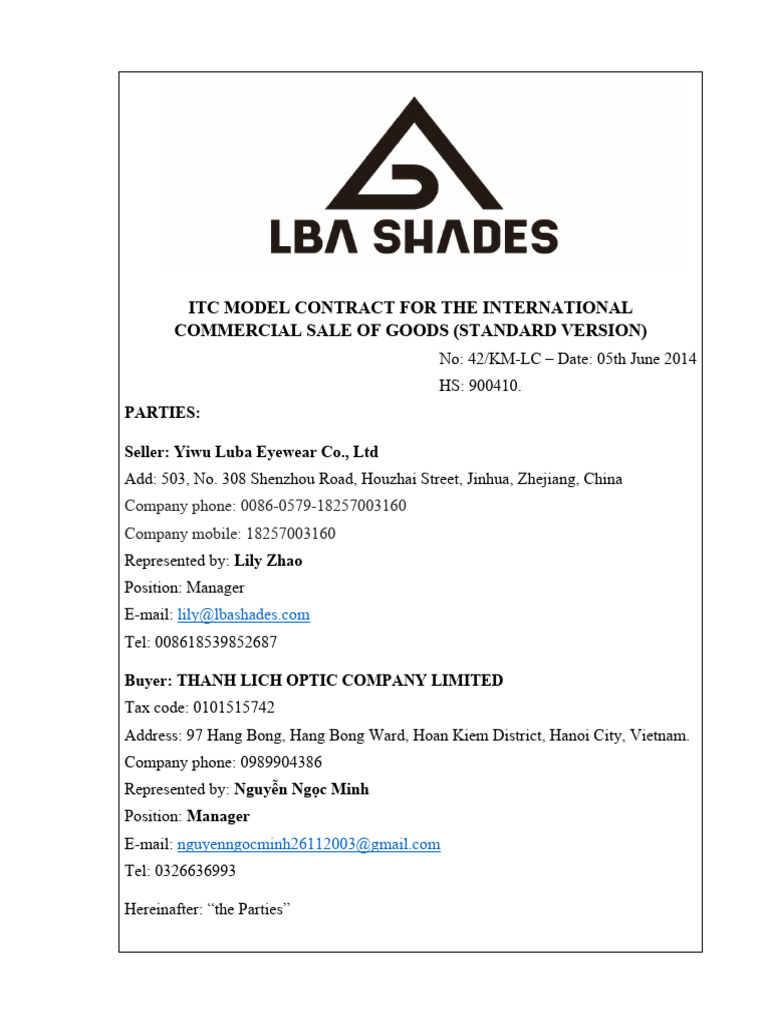 Itc Model Contract For The International Commercial Sale of Goods ...