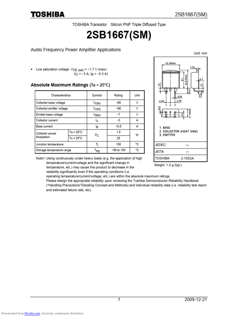 B1667 Toshiba | PDF | Bipolar Junction Transistor | Reliability Engineering