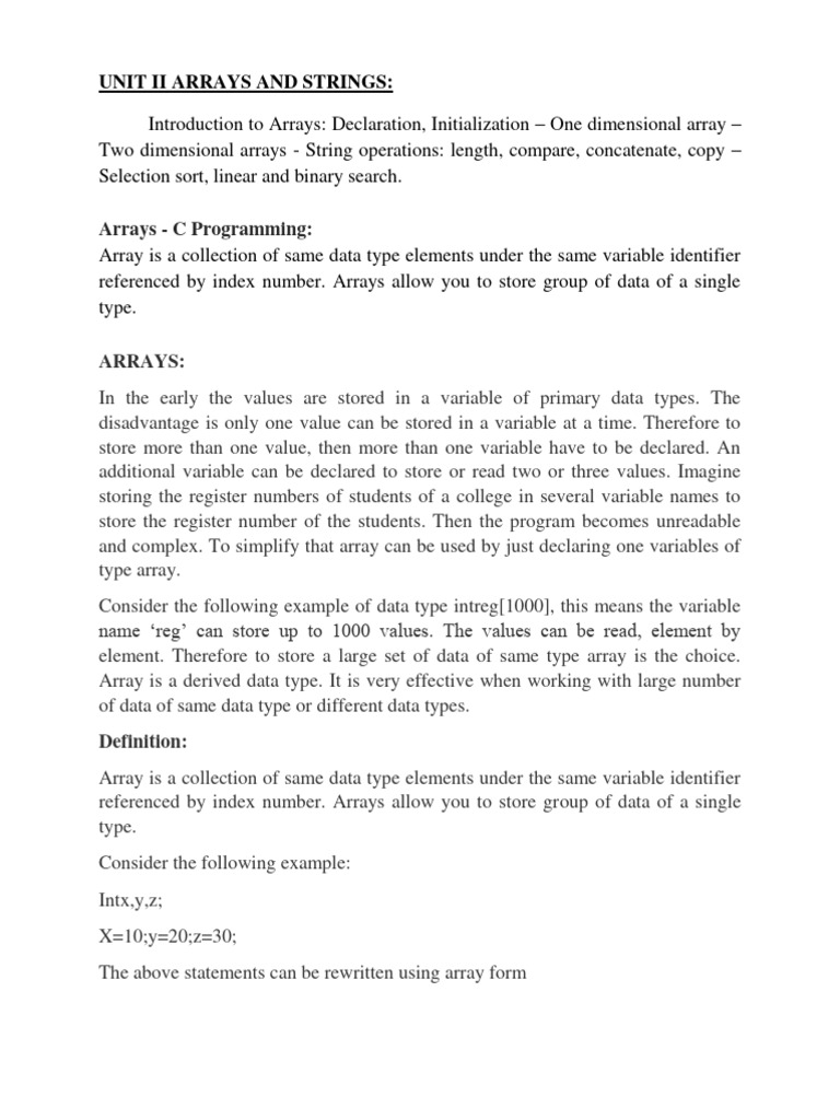 Unit Ii Arrays And Strings In C Pdf String Computer Science Matrix Mathematics
