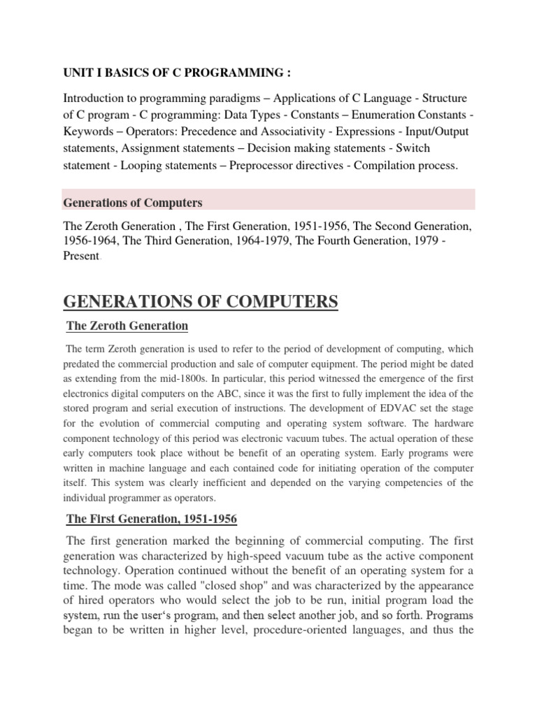 UNIT I Programming in C | PDF | Floppy Disk | Random Access Memory