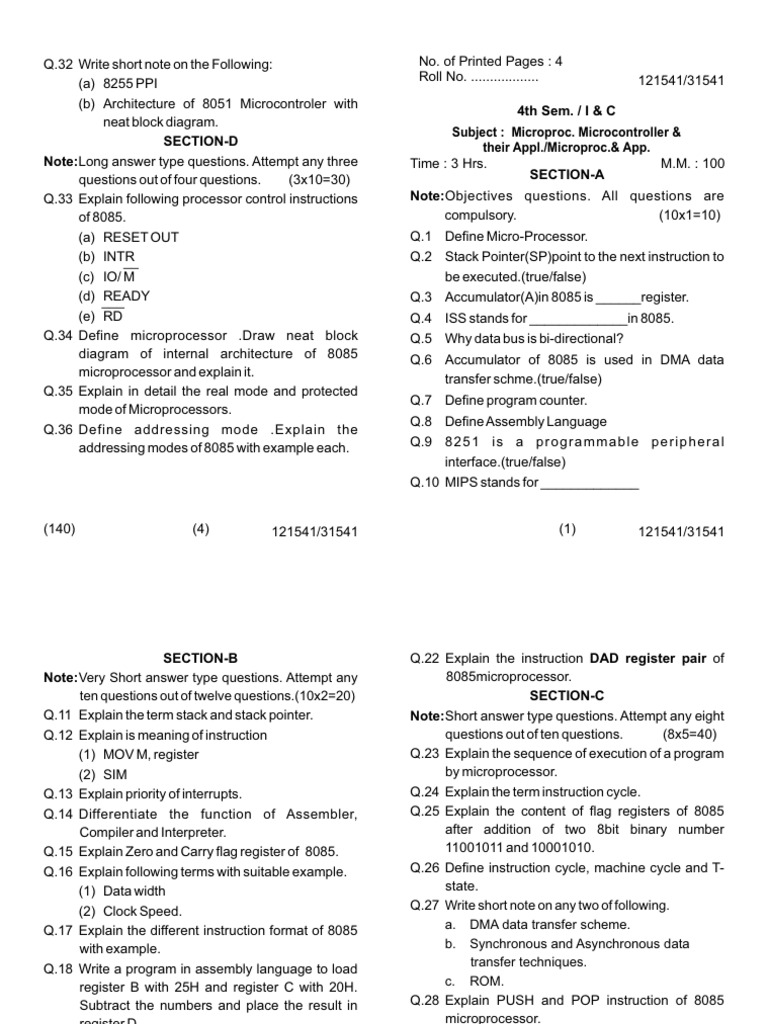 4th Sem. / I & C Subject: Microproc. Microcontroller & Their Appl./Microproc.& App. Section-D ...