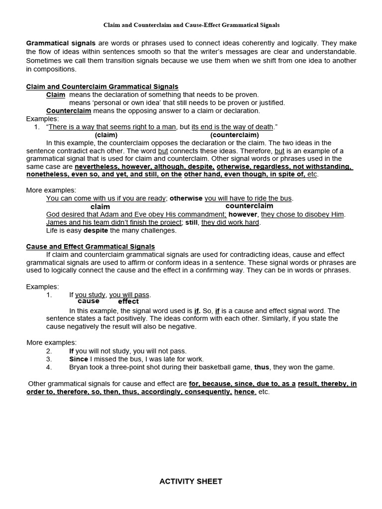 GRAMMATICAL-SIGNALS-ENGLISH-8 | PDF | Causality | Phrase