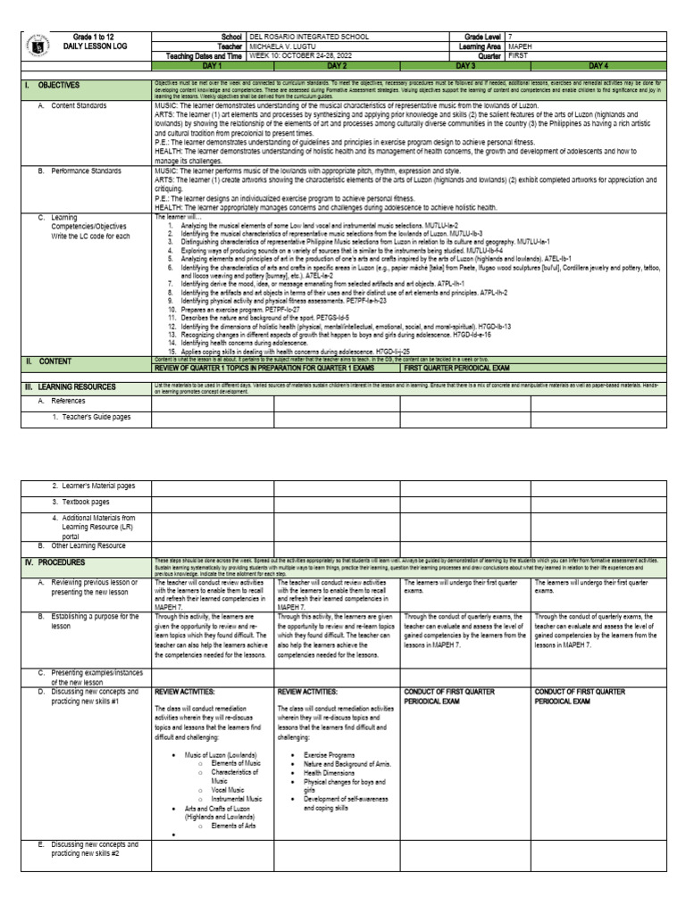 Grade 7 MAPEH Daily Lesson Log | PDF | Learning | Teachers