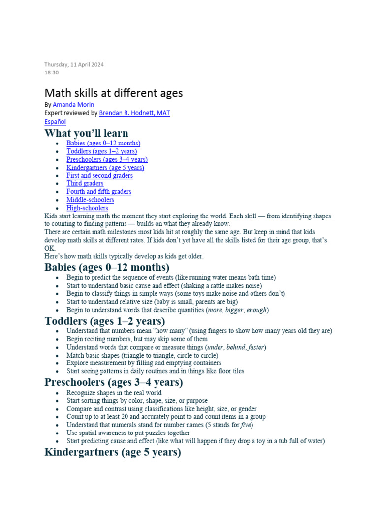 Math Skills at Different Ages | PDF | Numbers | Mathematics