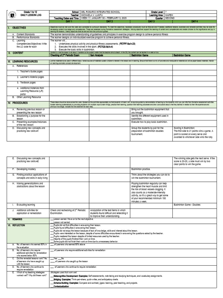 Mapeh 7 (Pe) - Week 11 - Jan 30 - Feb 3, 2023 | PDF | Learning | Educational Assessment