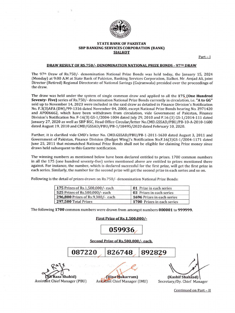 97 Draw Result Rs. 750 | PDF