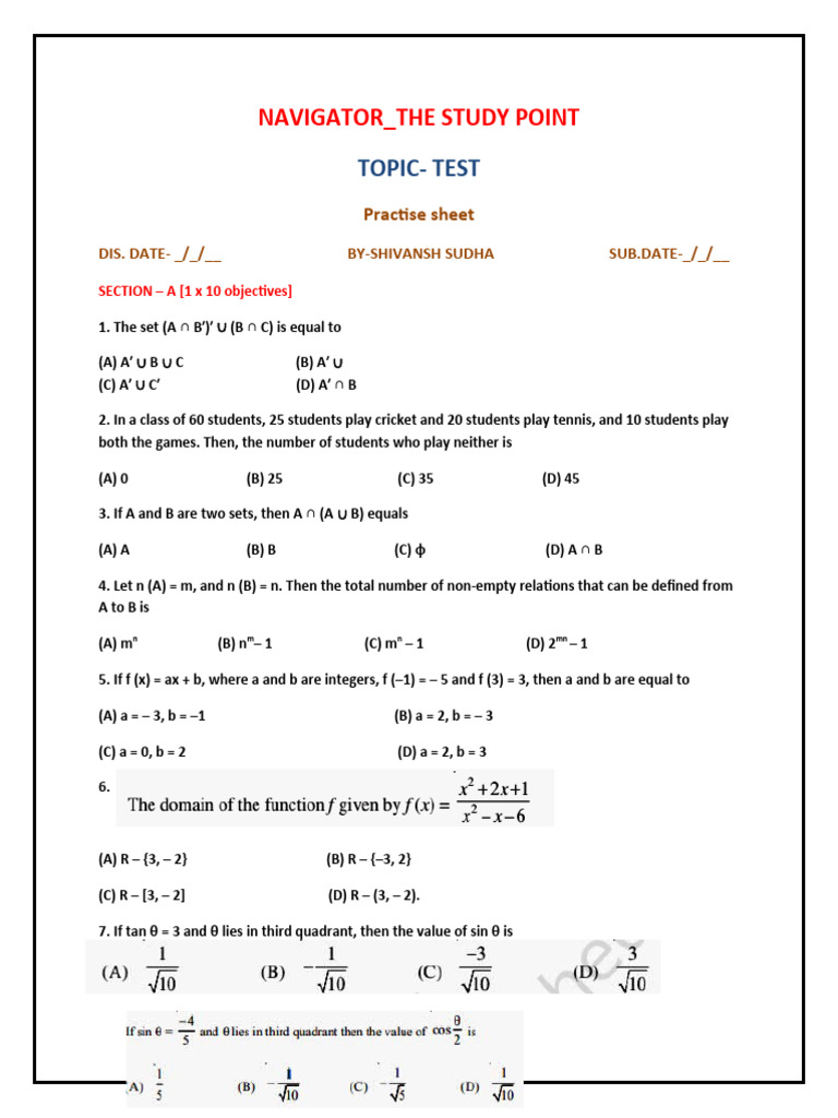 Practise Sheet 1 | PDF | Mathematical Concepts | Mathematical Objects