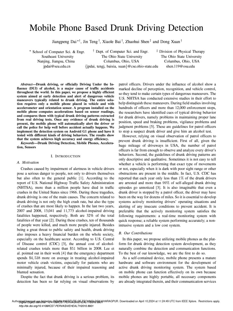Mobile Phone Based Drunk Driving Detection Pdf Driving Under The