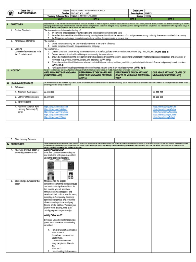 MAPEH Grade 7 Lesson Plan: Mindanao Arts | PDF | Learning | Crafts