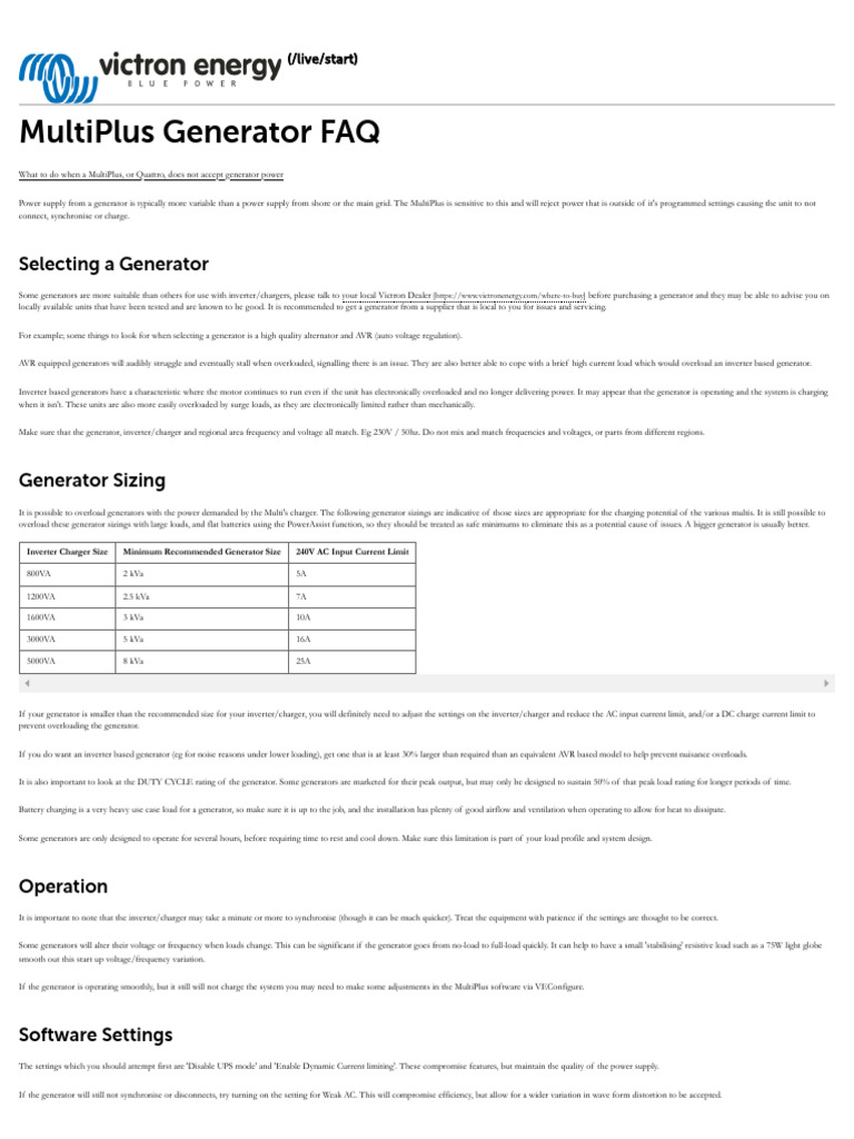 MultiPlus Generator FAQ (Victron Energy) | PDF | Power Inverter | Electric Generator
