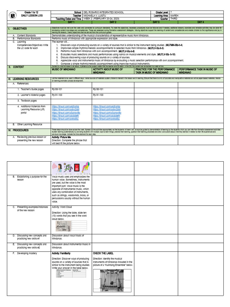 Mapeh 7 (Music) - Week 2 - Feb 20-24, 2023 | PDF | Learning | Teachers