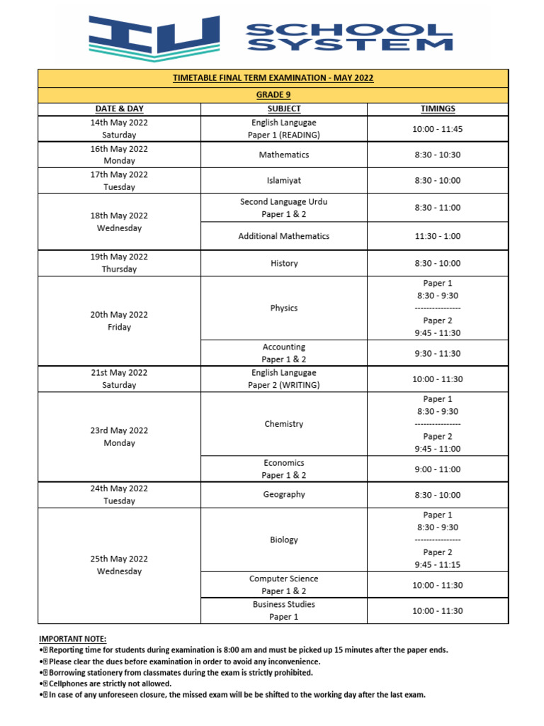 Timetable For Final Year Exam (GR 9) | PDF