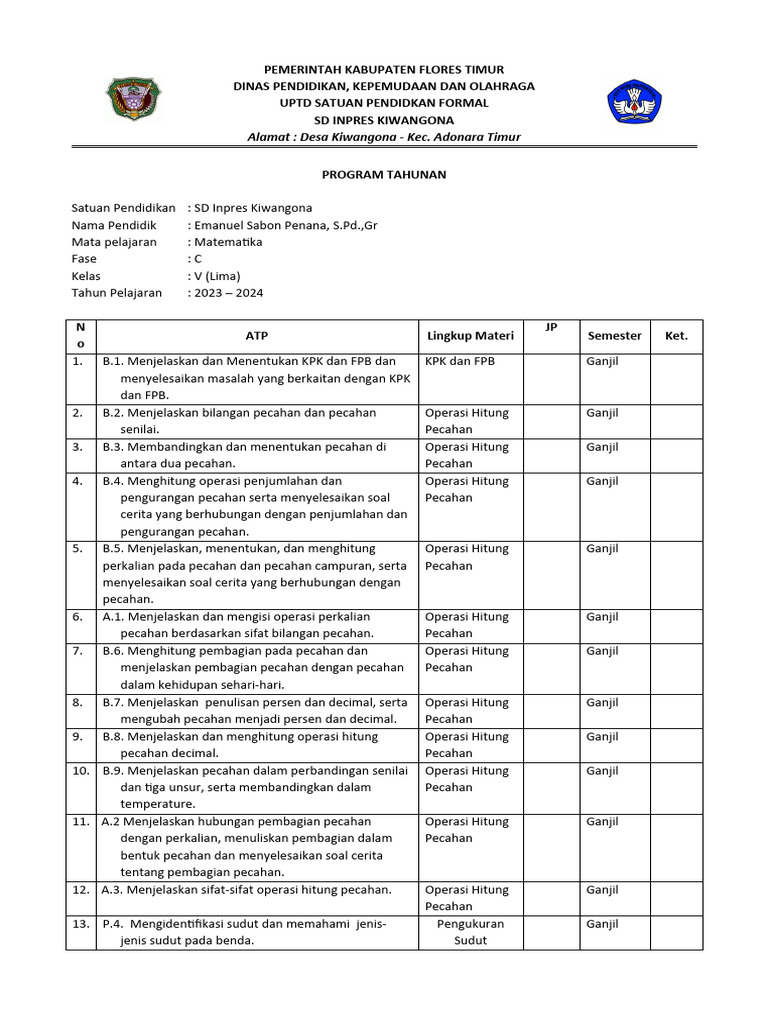 Prota Matematika Kelas 5 Semester Ganjil 2023-2024 | PDF