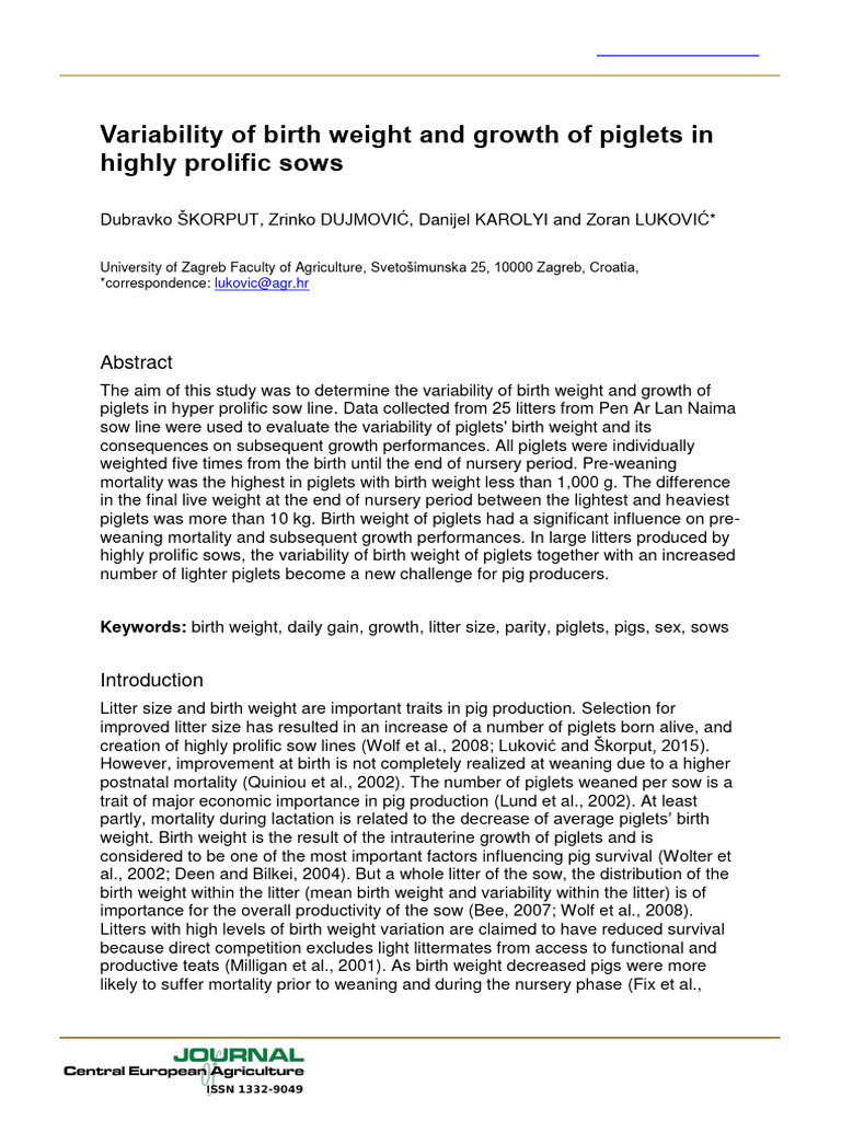 2018 Variability of Birth Weight and Growth of Piglets in Highly ...