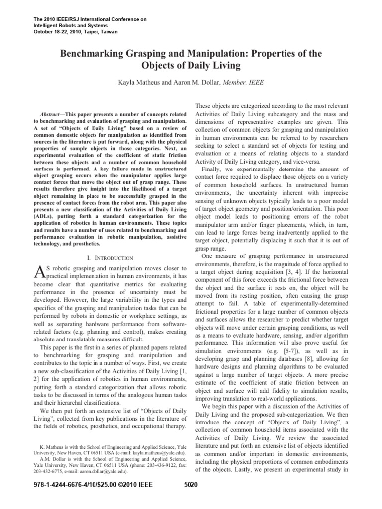 Benchmarking Grasping And Manipulation Properties Of The Objects Of Daily Living Download