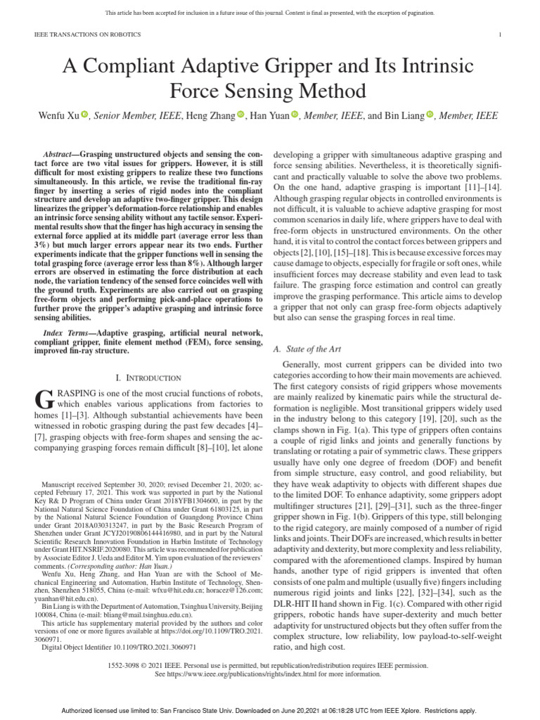 A Compliant Adaptive Gripper and Its Intrinsic Force Sensing Method | PDF | Force | Robotics