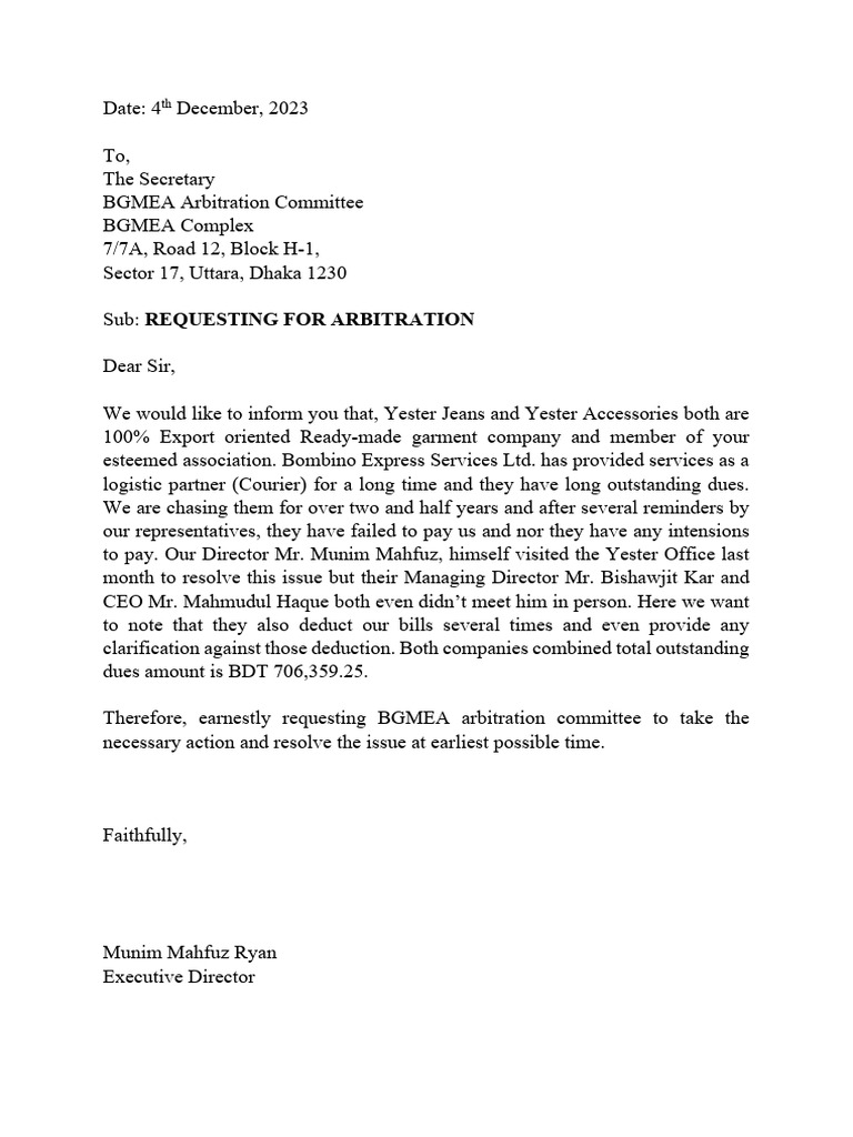 Arbitration Request for Outstanding Dues | PDF