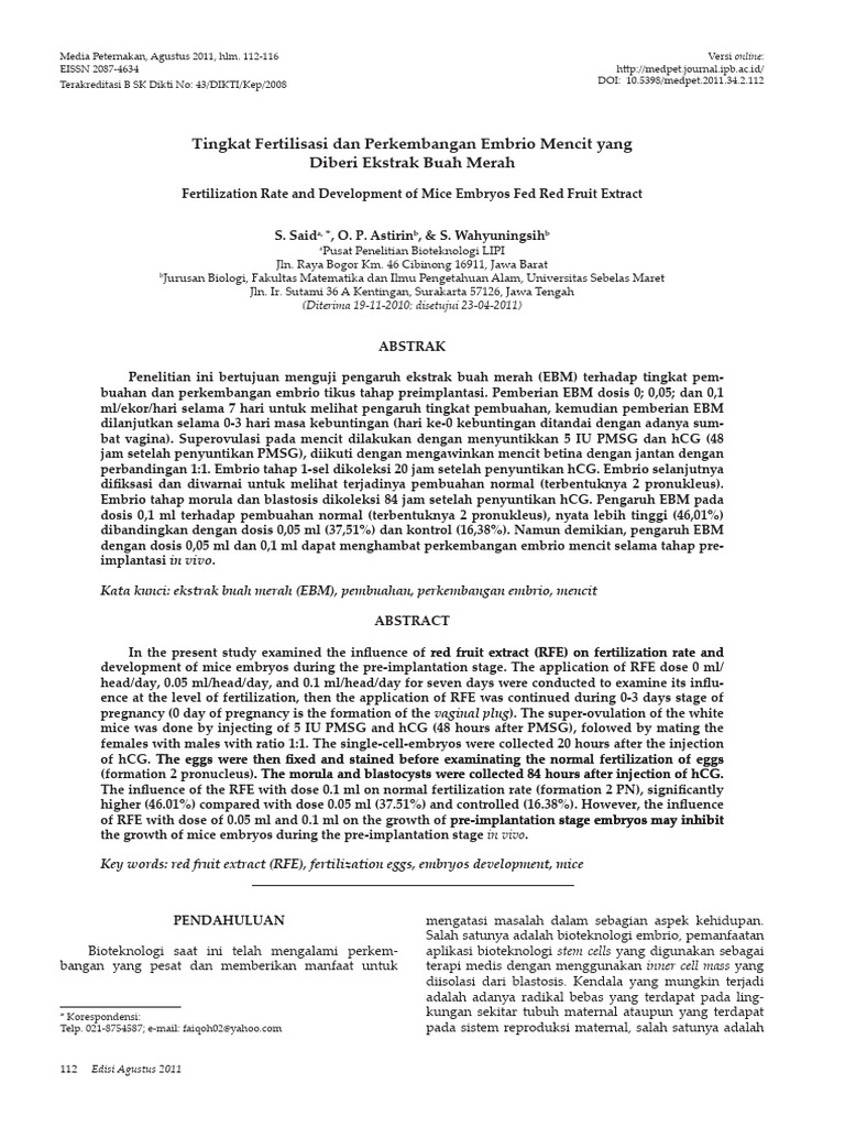 ID Tingkat Fertilisasi Dan Perkembangan Emb | PDF