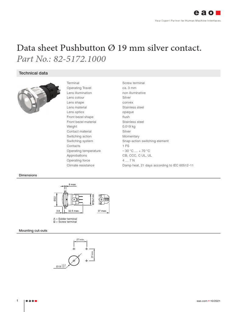 Data Sheet Pushbutton Ø 19 MM Silver Contact .: Part No.: 82-5172.1000 ...
