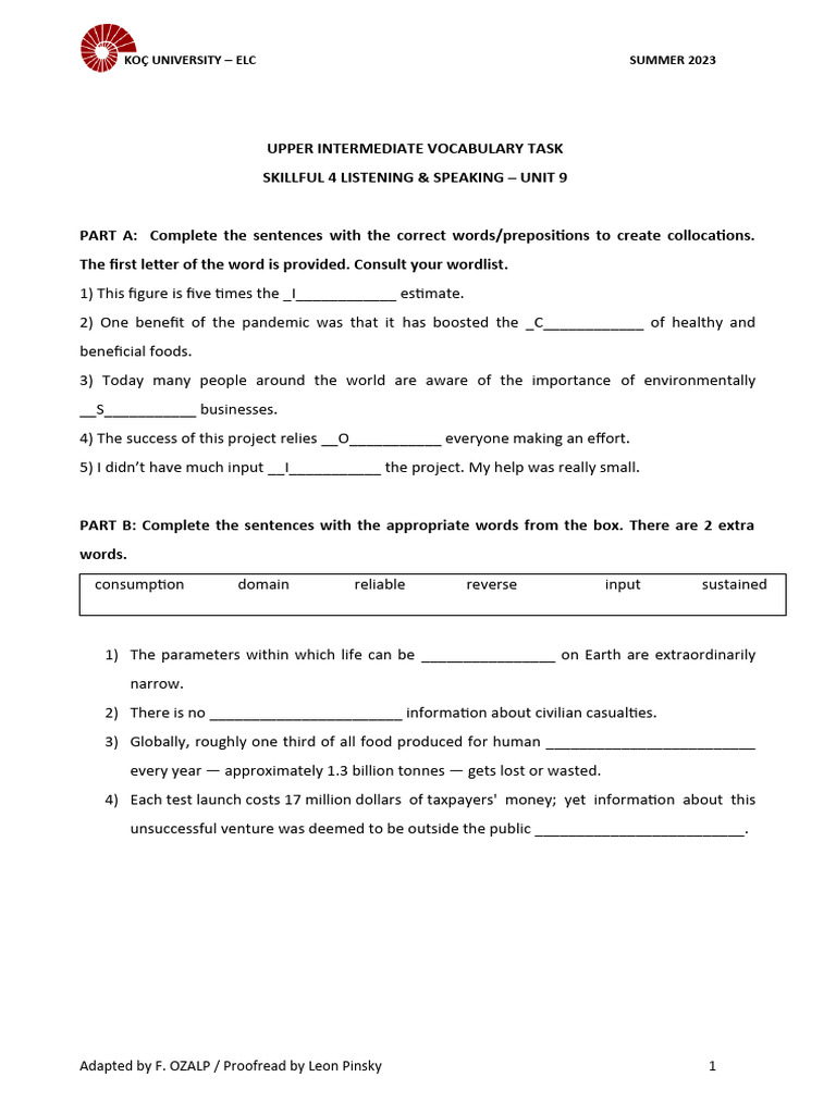 SKILLFUL 4 - UNIT 9 L&S - Vocabulary Practice | PDF | Sustainability | Adverb