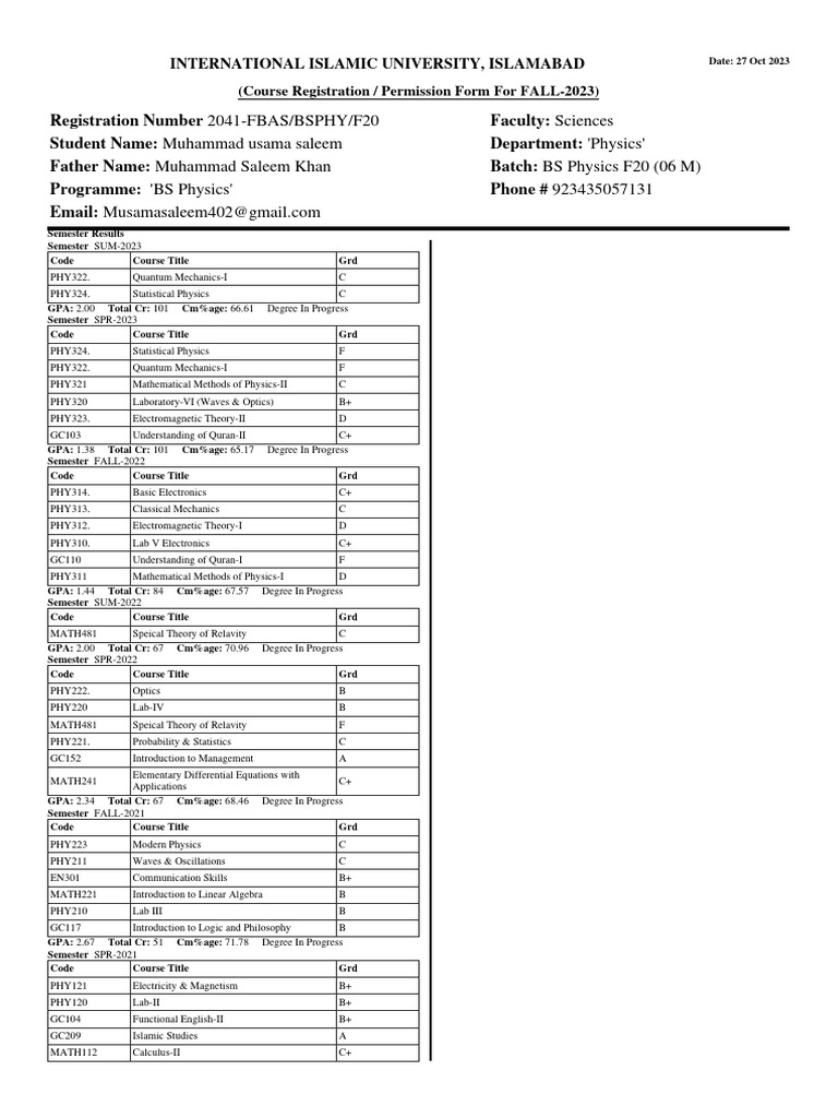 International Islamic University, Islamabad: (Course Registration ...