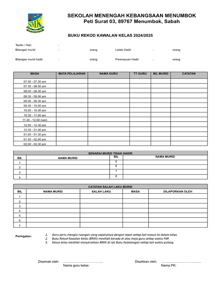 Buku Rekod Kawalan Kelas 2024 | PDF