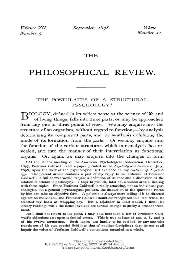 Titchener, E. The Postulates of A Structural Psychology | PDF ...