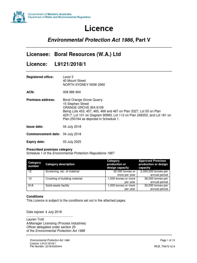 Licence: Environmental Protection Act 1986, Part V | PDF ...