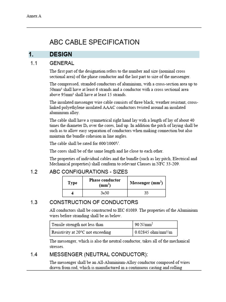 Annex A - Abc Cable Specifications | PDF | Wire | Insulator (Electricity)