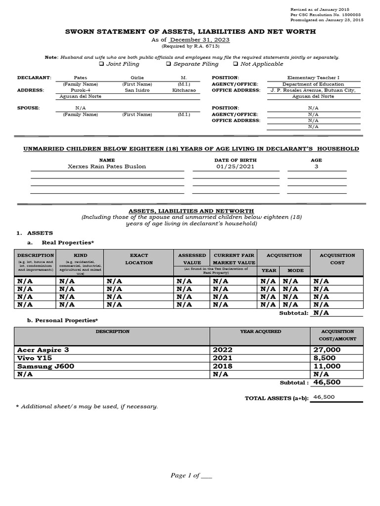 2015 SALN Form | PDF | Net Worth | Economies