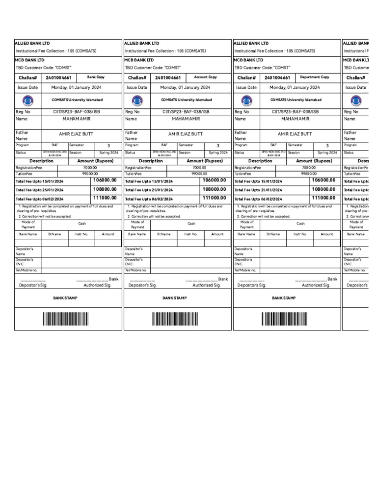 COMSATS Spring 2024 Fee Structure | PDF | Deposit Account | Banks