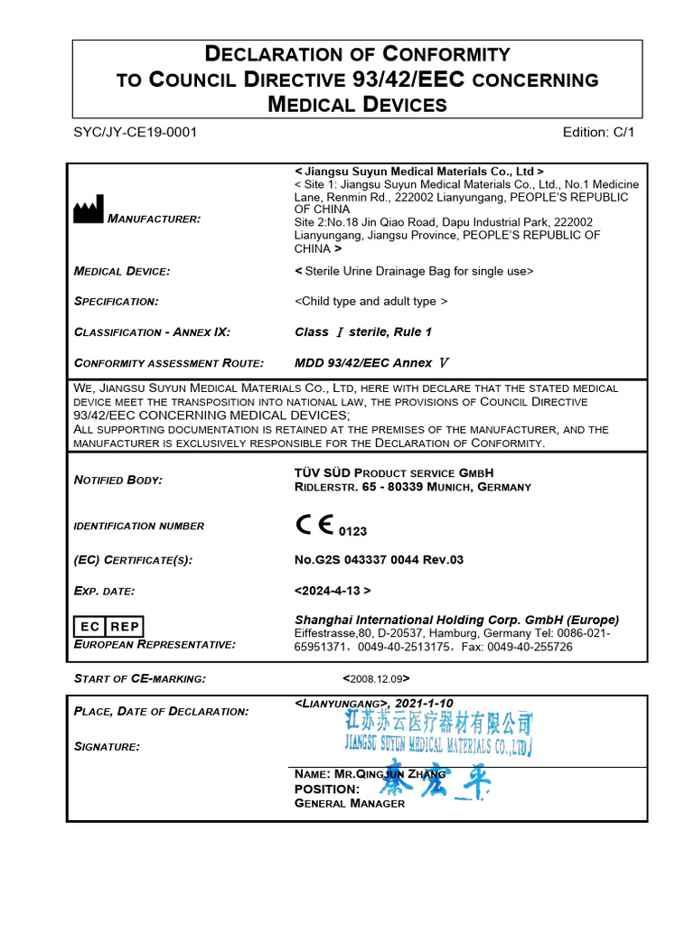 D C C D 93/42/EEC M D: Eclaration of Onformity TO Ouncil Irective ...