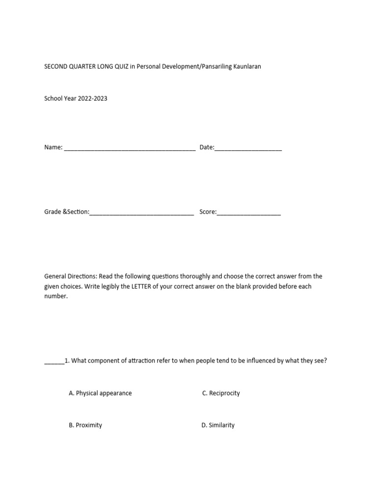 SECOND QUARTER-Personal Development | PDF | Love | Intimate Relationships