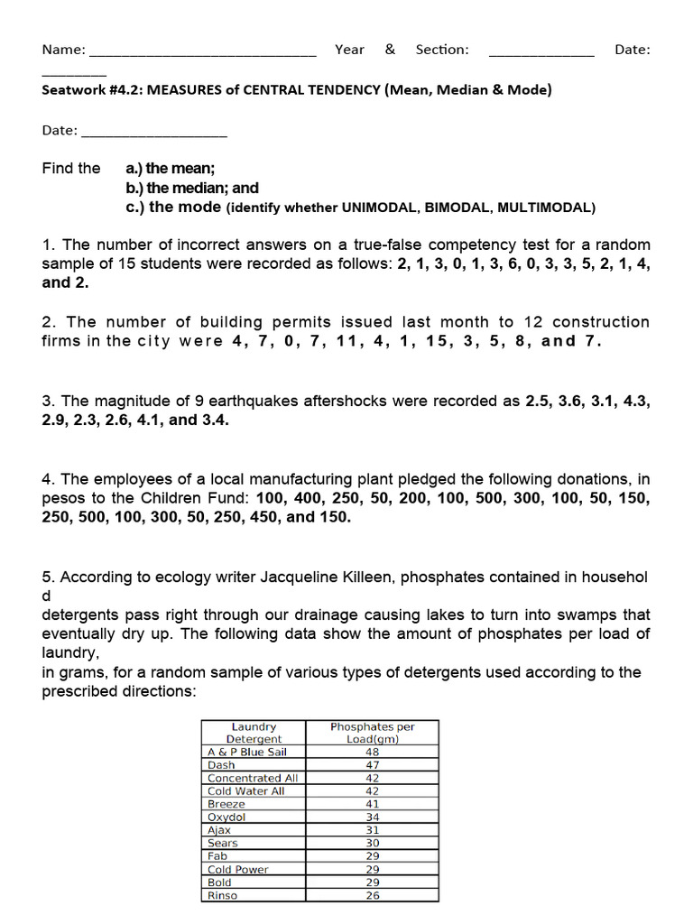 Worksheet 4 2 Measures of Central Tendency Ungrouped Data | PDF