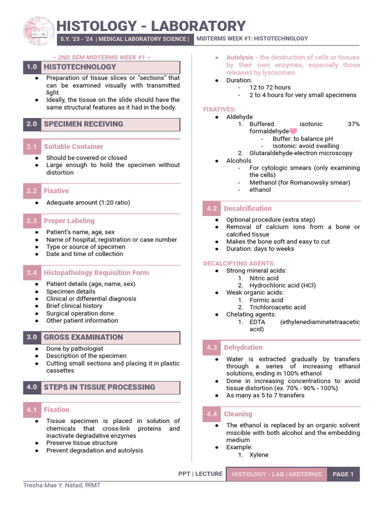 Histotechnology Notes | PDF | Histology | Fixation (Histology)