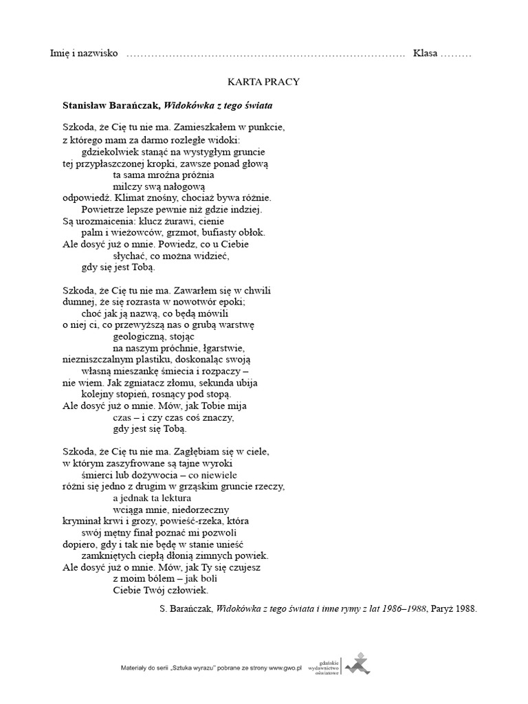 Karta Pracy Do Wiersza Widokowka Z Tego Swiata | PDF Karta Pracy Do Wiersza Widokowka Z Tego Swiata | PDF