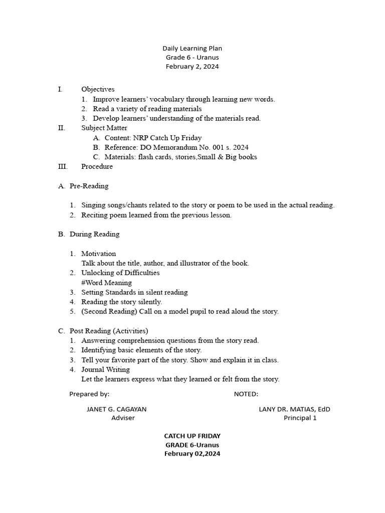 Daily Learning Plan GRADE 6 | PDF | Learning | Cognitive Psychology