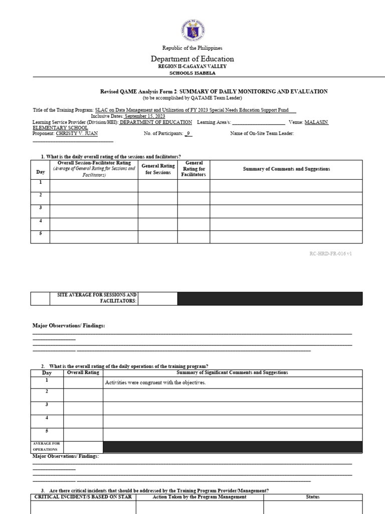 RC-HRD-FR-016-QAME-Form-2-Summary-of-Daily-ME | PDF | Learning | Cognition
