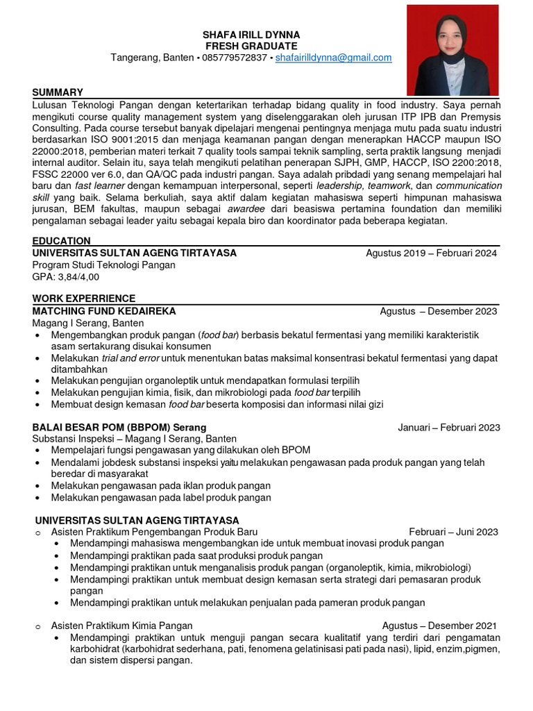 Fresh Graduate Teknologi Pangan Berpengalaman di Industri Makanan | PDF ...
